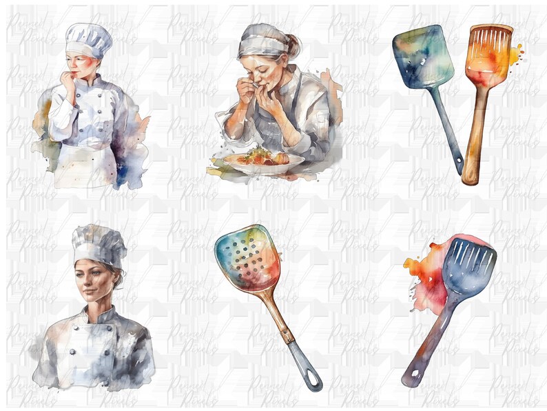 Female Chefs Kitchen Watercolor Clipart PNG Set, 42 Colorful Woman ...