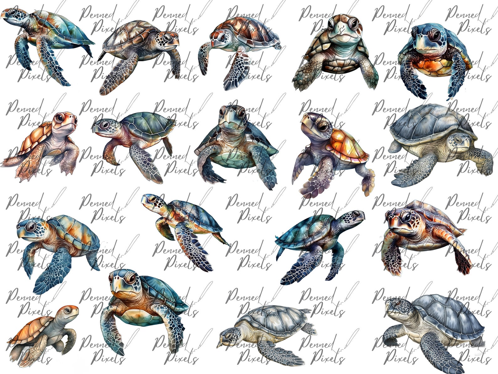Sea Turtle Clipart, Cute Watercolor Sea Animals PNG Clip Art Graphics ...