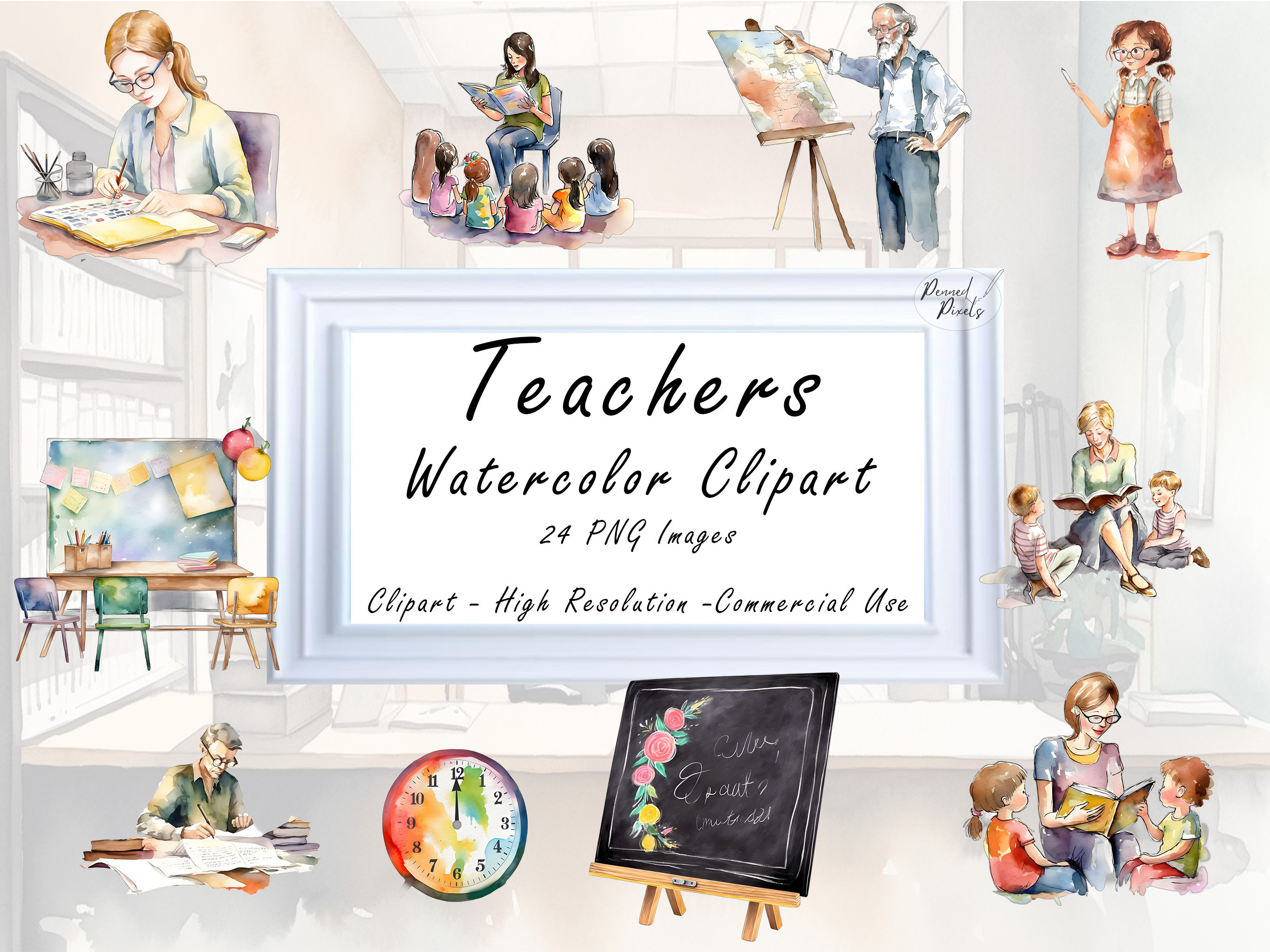 Teachers Classroom Watercolor Clipart PNG Set, 24 Colorful Classroom ...