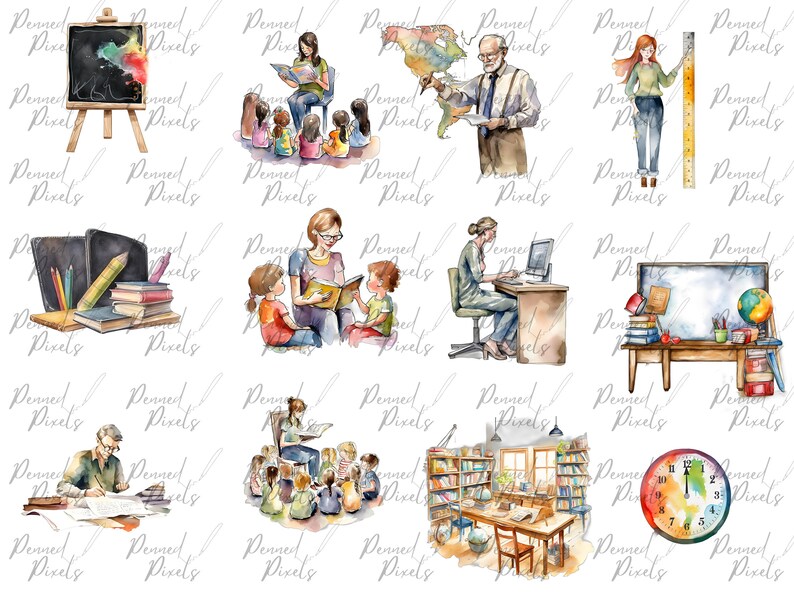 Teachers Classroom Watercolor Clipart PNG Set, 24 Colorful Classroom ...