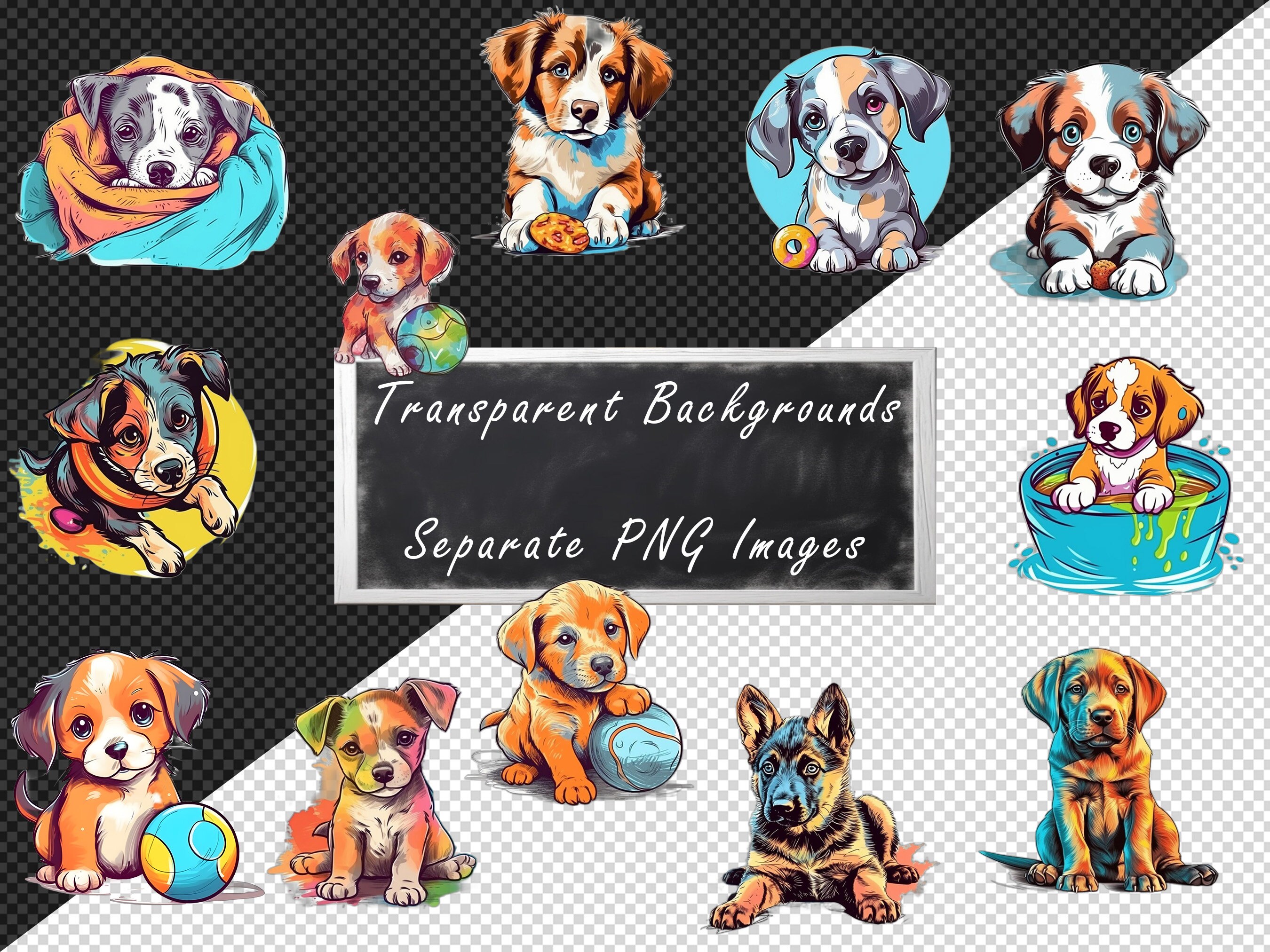 Funky Puppy Clipart, Massive 48 PNG Image Set Colorful Cute Dogs ...