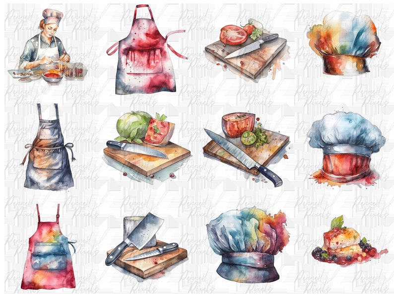 Female Chefs Kitchen Watercolor Clipart PNG Set, 42 Colorful Woman ...