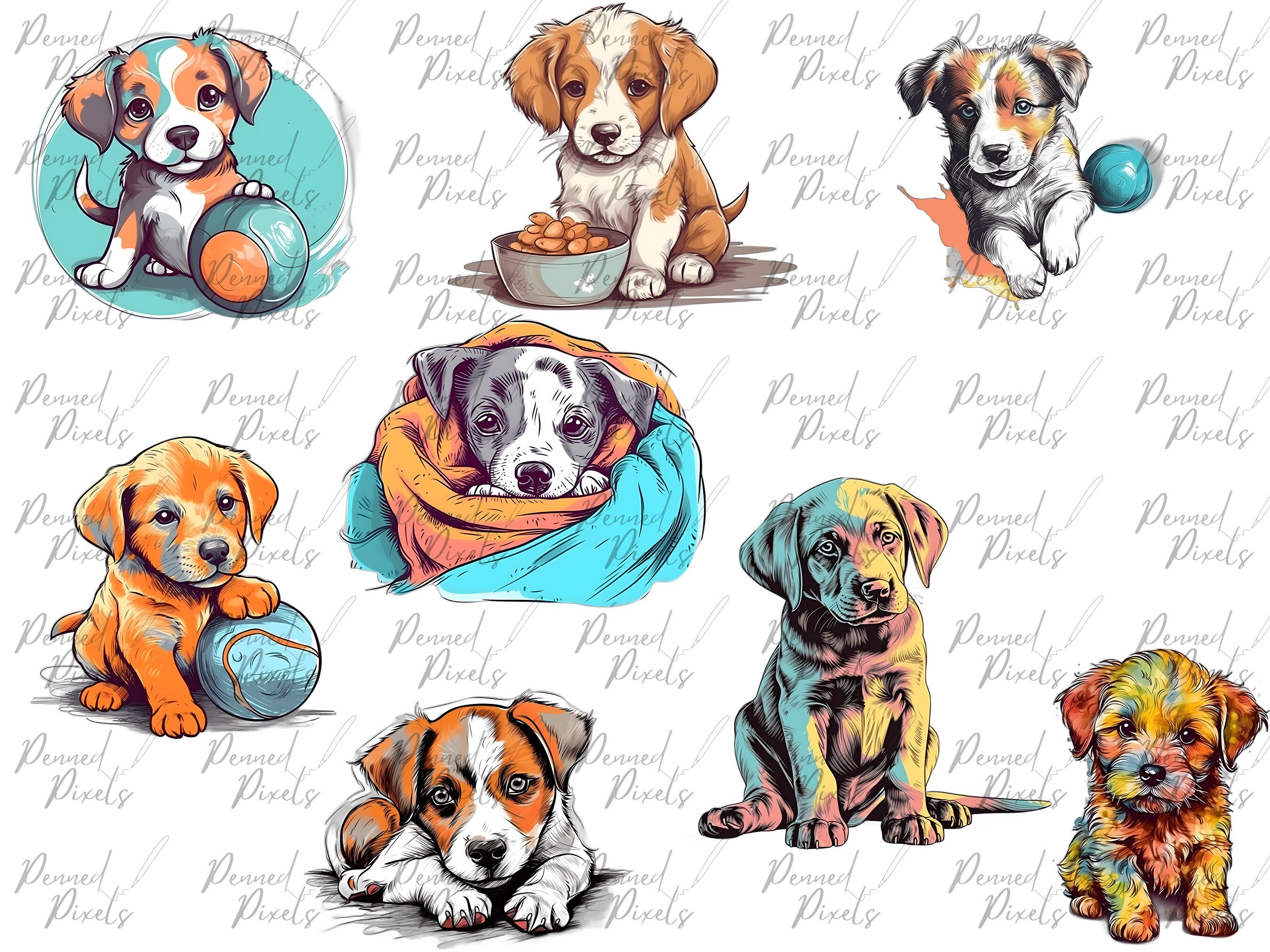 Funky Puppy Clipart, Massive 48 PNG Image Set Colorful Cute Dogs ...