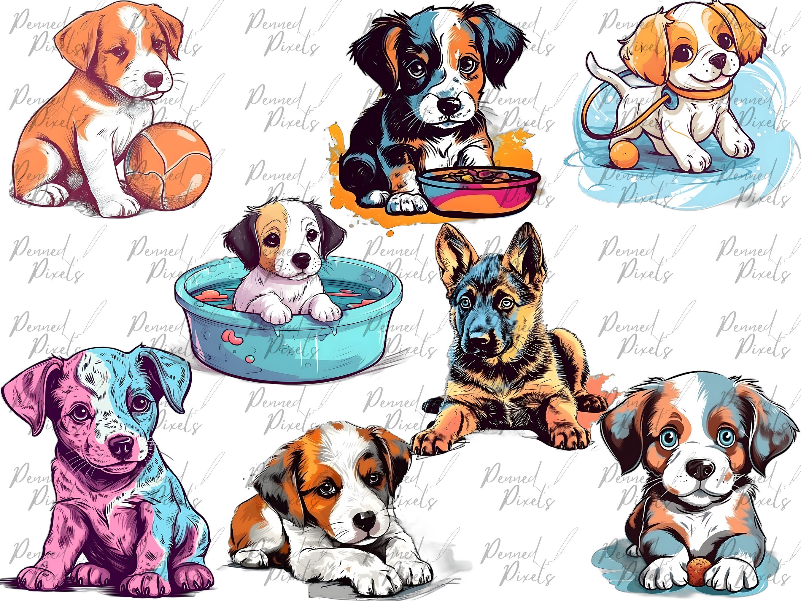 Funky Puppy Clipart, Massive 48 PNG Image Set Colorful Cute Dogs ...