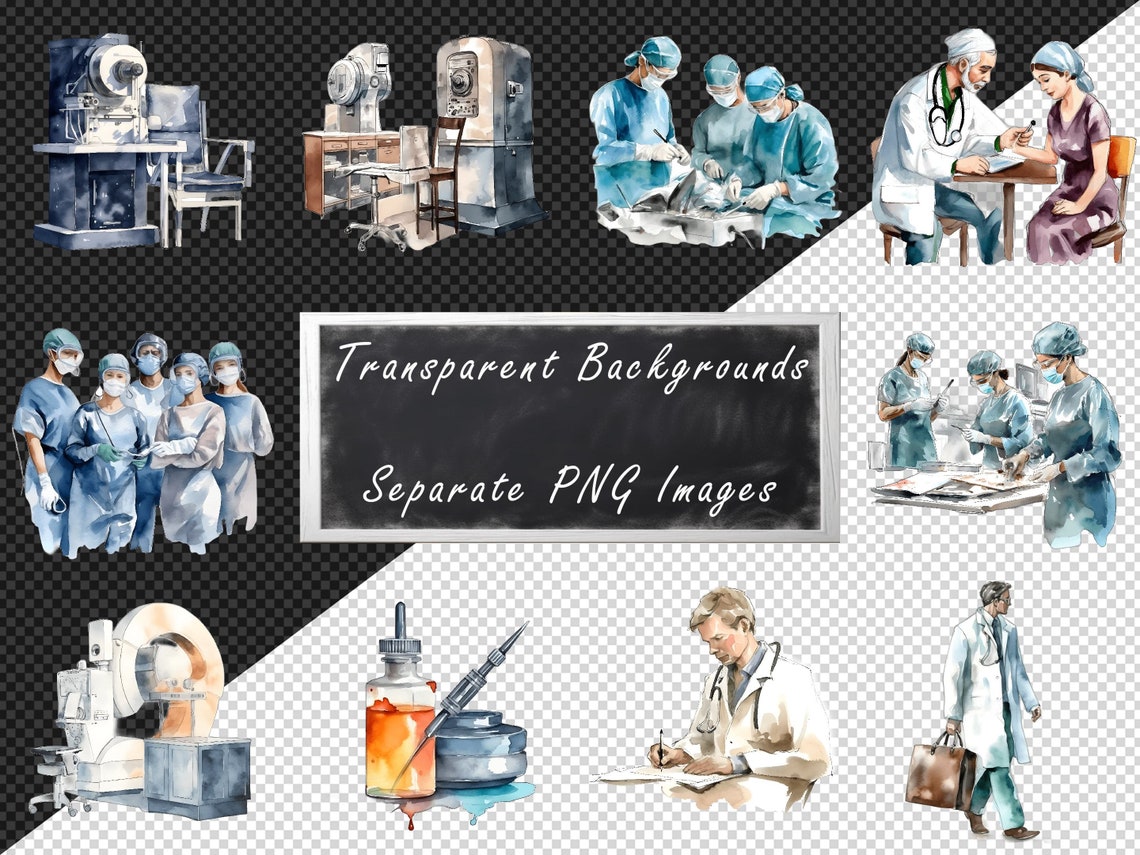 28 Doctors Watercolor Clipart PNG Set, Hospital Themed Clipart With ...