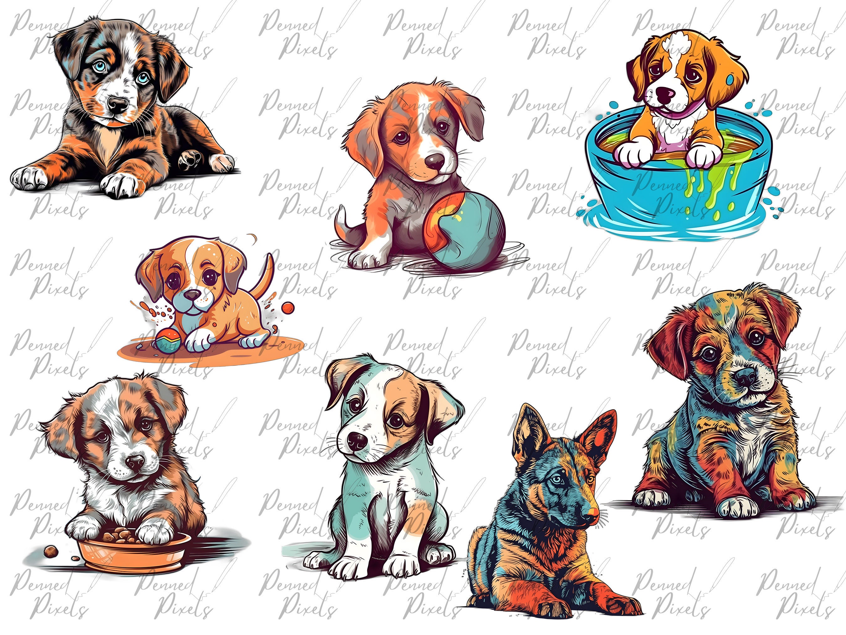 Funky Puppy Clipart, Massive 48 PNG Image Set Colorful Cute Dogs ...