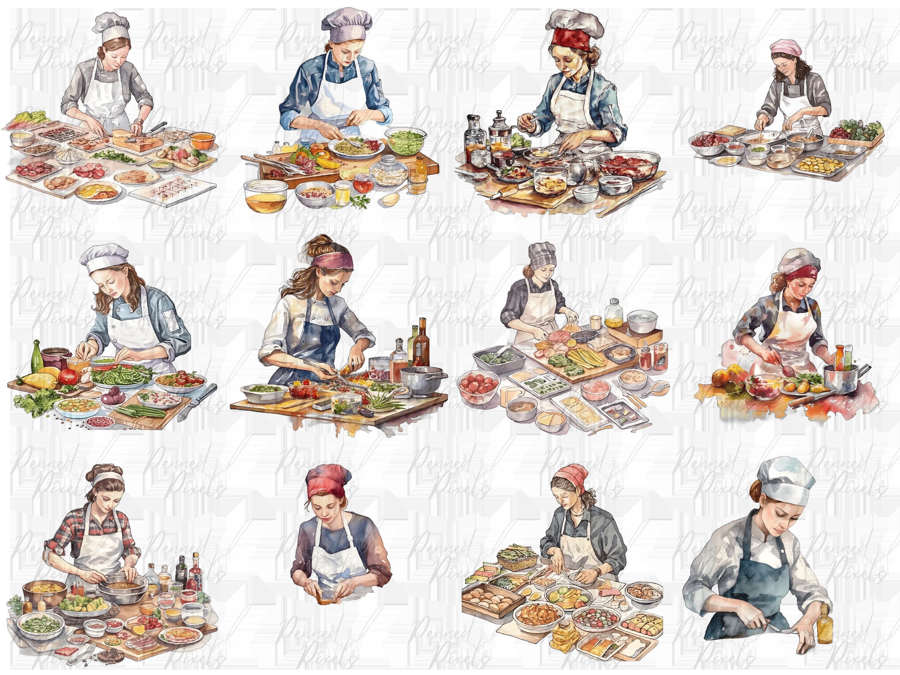 Female Chefs Kitchen Watercolor Clipart PNG Set, 42 Colorful Woman ...