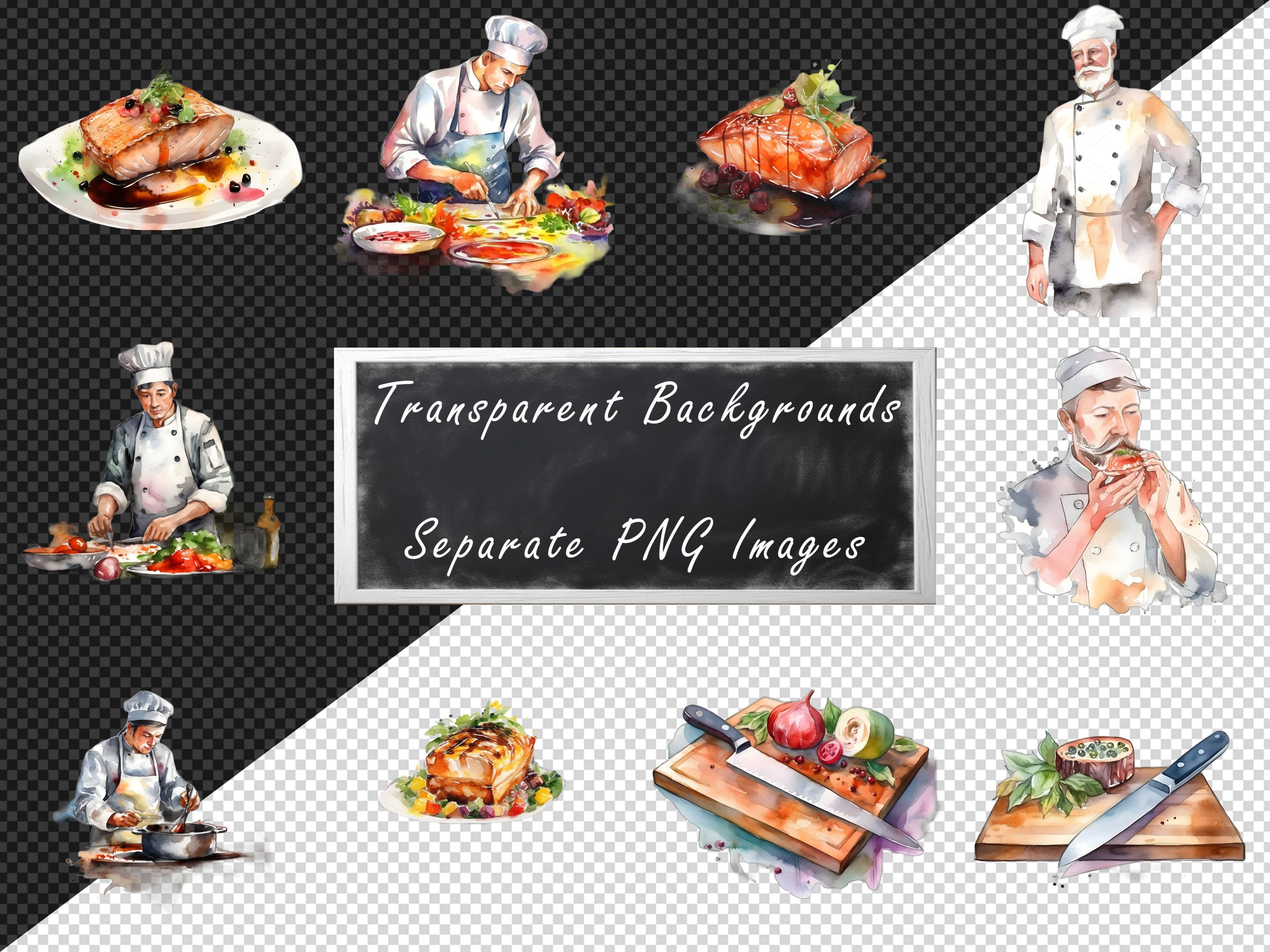 Male Chefs Kitchen Watercolor Clipart PNG Set, 25 Colorful Cooking ...