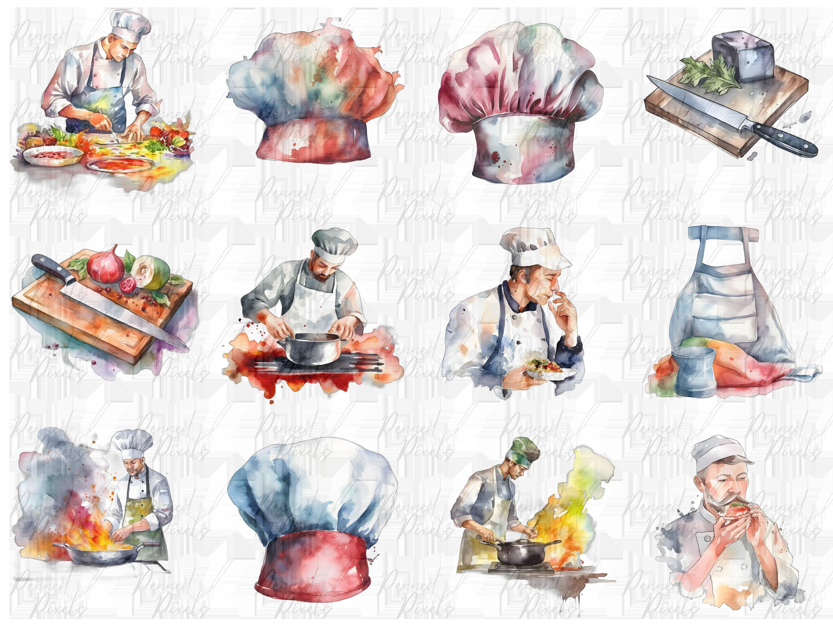 Male Chefs Kitchen Watercolor Clipart PNG Set, 25 Colorful Cooking ...