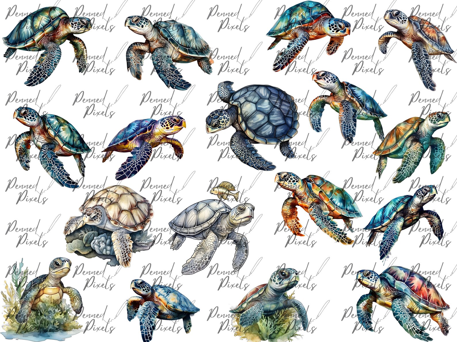 Sea Turtle Clipart, Cute Watercolor Sea Animals PNG Clip Art Graphics ...