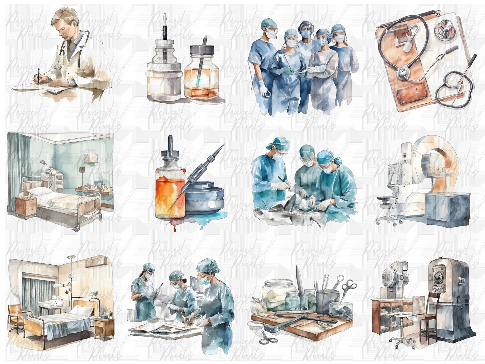 28 Doctors Watercolor Clipart PNG Set, Hospital Themed Clipart With ...