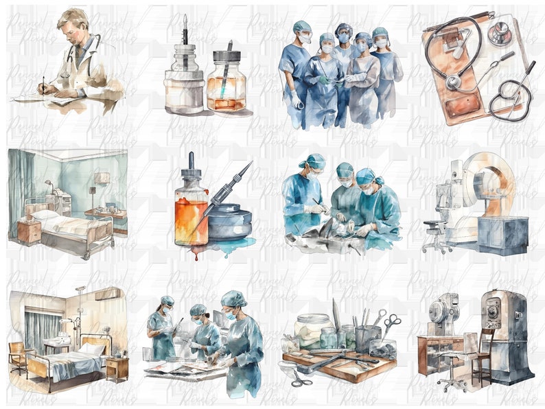 28 Doctors Watercolor Clipart PNG Set, Hospital Themed Clipart With ...
