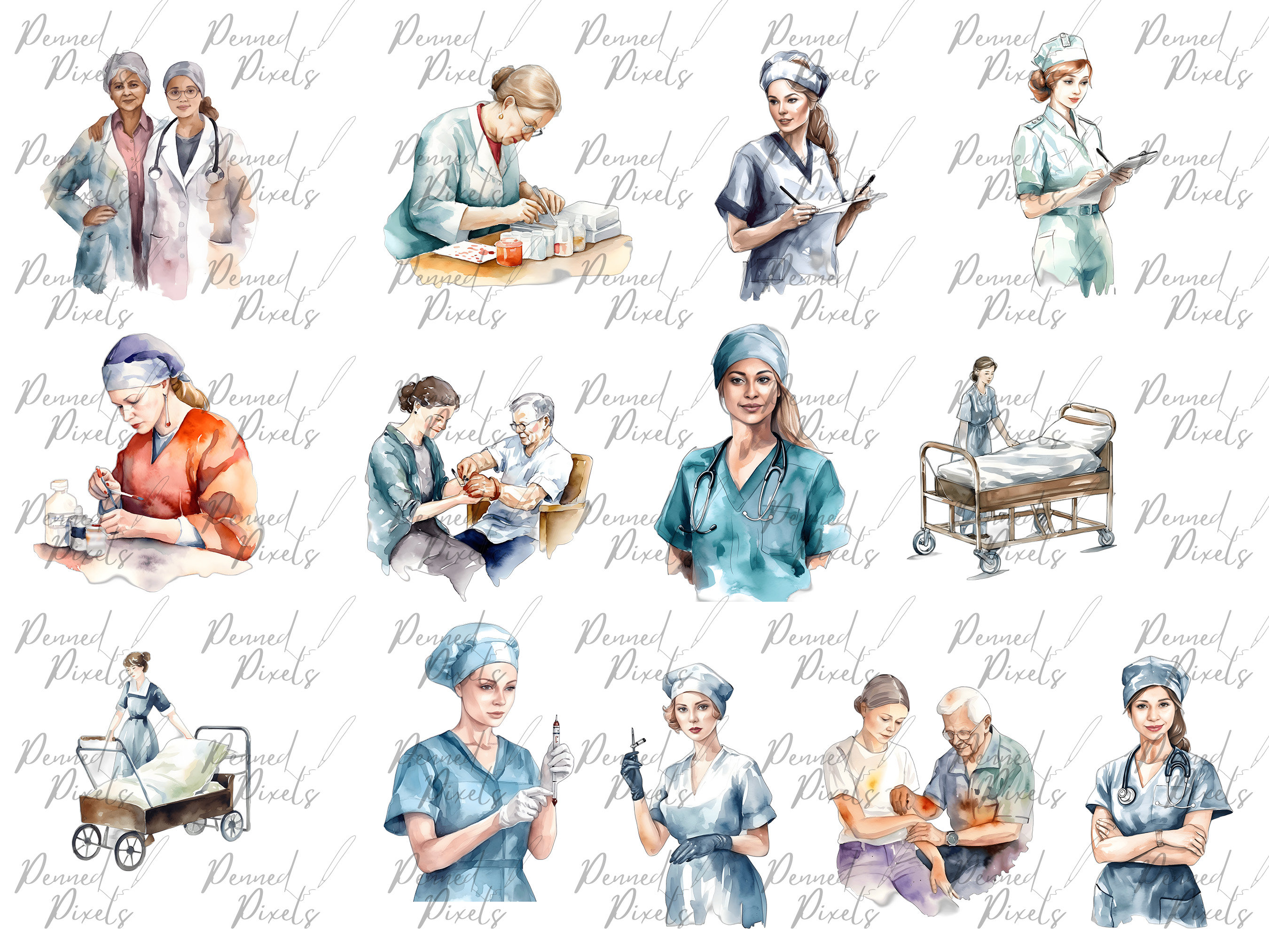 Nurses Watercolor Clipart PNG Set, 26 Colorful Hospital Clipart for ...