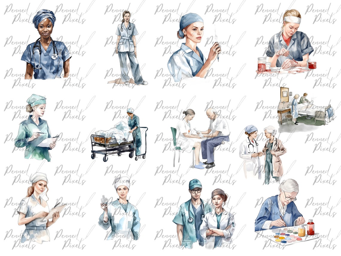 Nurses Watercolor Clipart PNG Set, 26 Colorful Hospital Clipart for ...