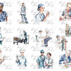 Nurses Watercolor Clipart PNG Set, 26 Colorful Hospital Clipart for ...