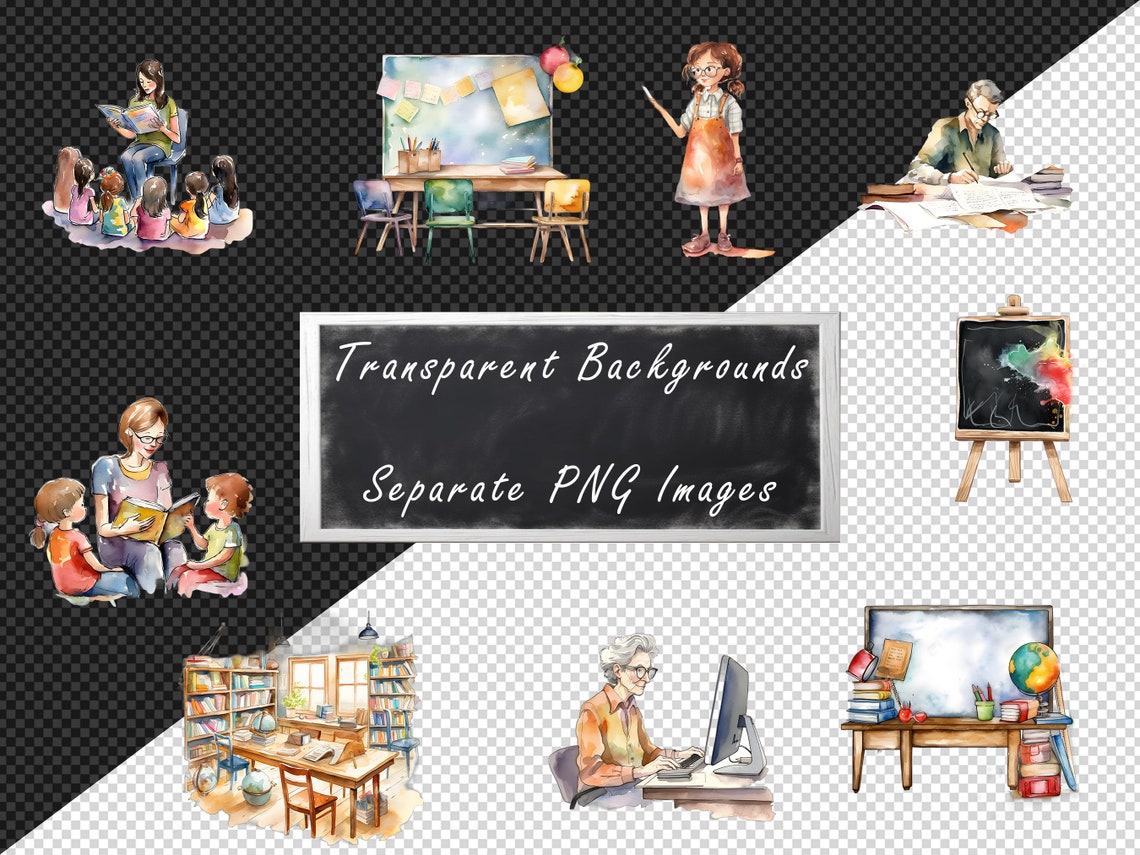 Teachers Classroom Watercolor Clipart PNG Set, 24 Colorful Classroom ...