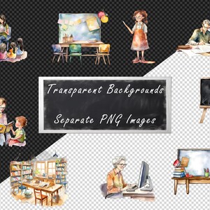 Teachers Classroom Watercolor Clipart PNG Set, 24 Colorful Classroom ...