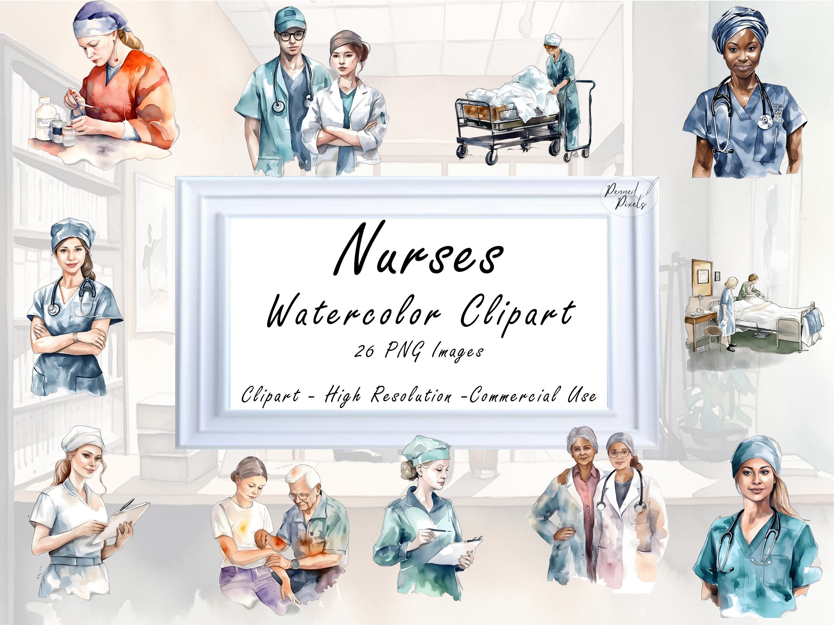 Nurses Watercolor Clipart PNG Set, 26 Colorful Hospital Clipart for ...