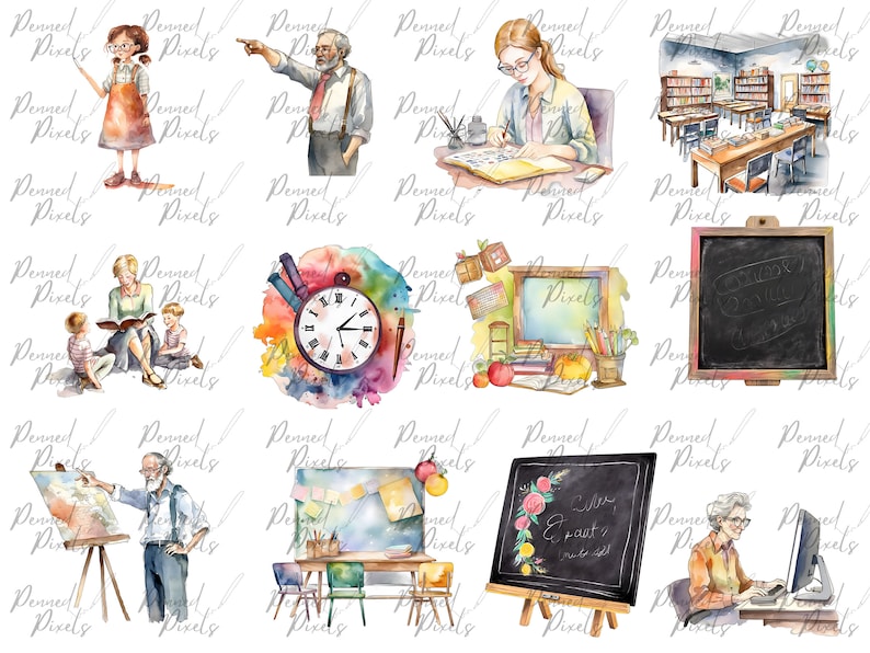 Teachers Classroom Watercolor Clipart PNG Set, 24 Colorful Classroom ...