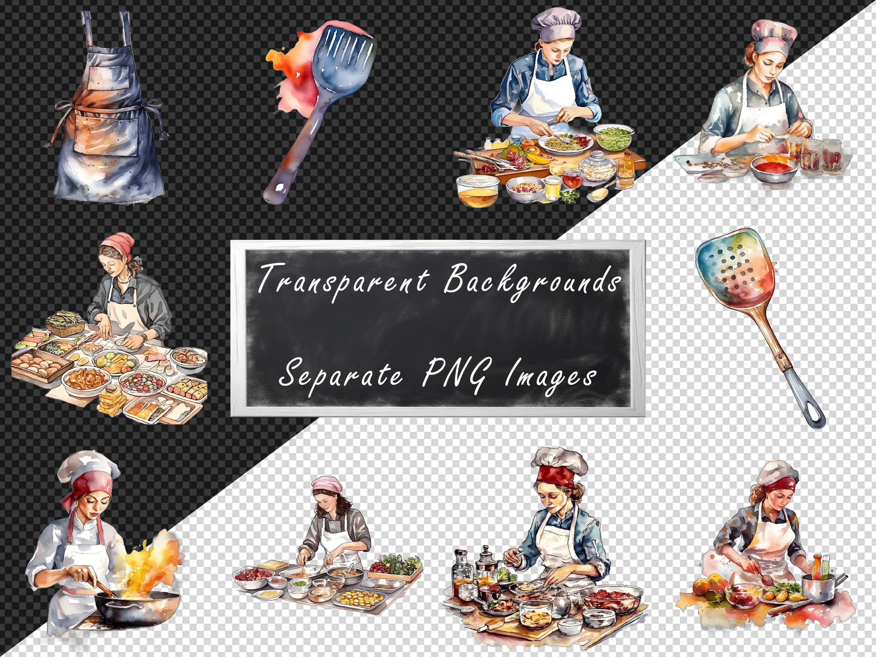 Female Chefs Kitchen Watercolor Clipart PNG Set, 42 Colorful Woman ...