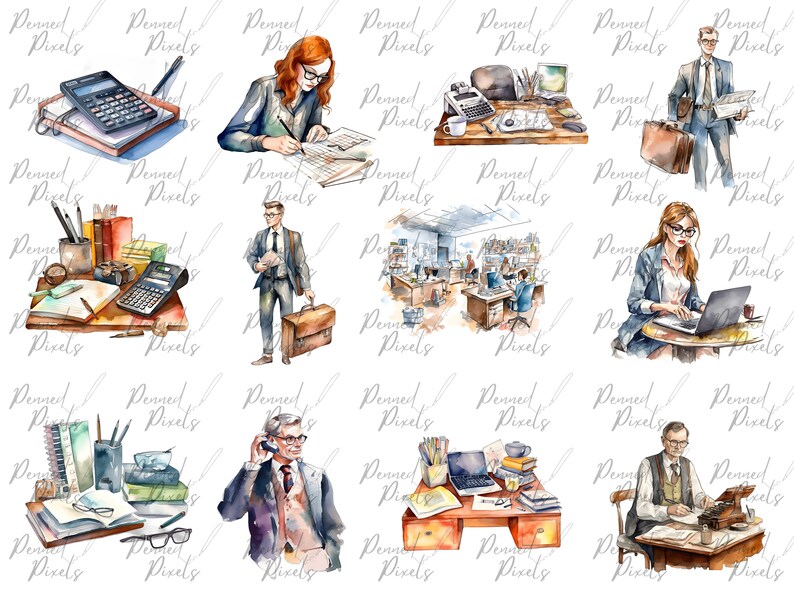 Accountants Office Watercolor Clipart PNG Set, 24 Colorful Workplace ...