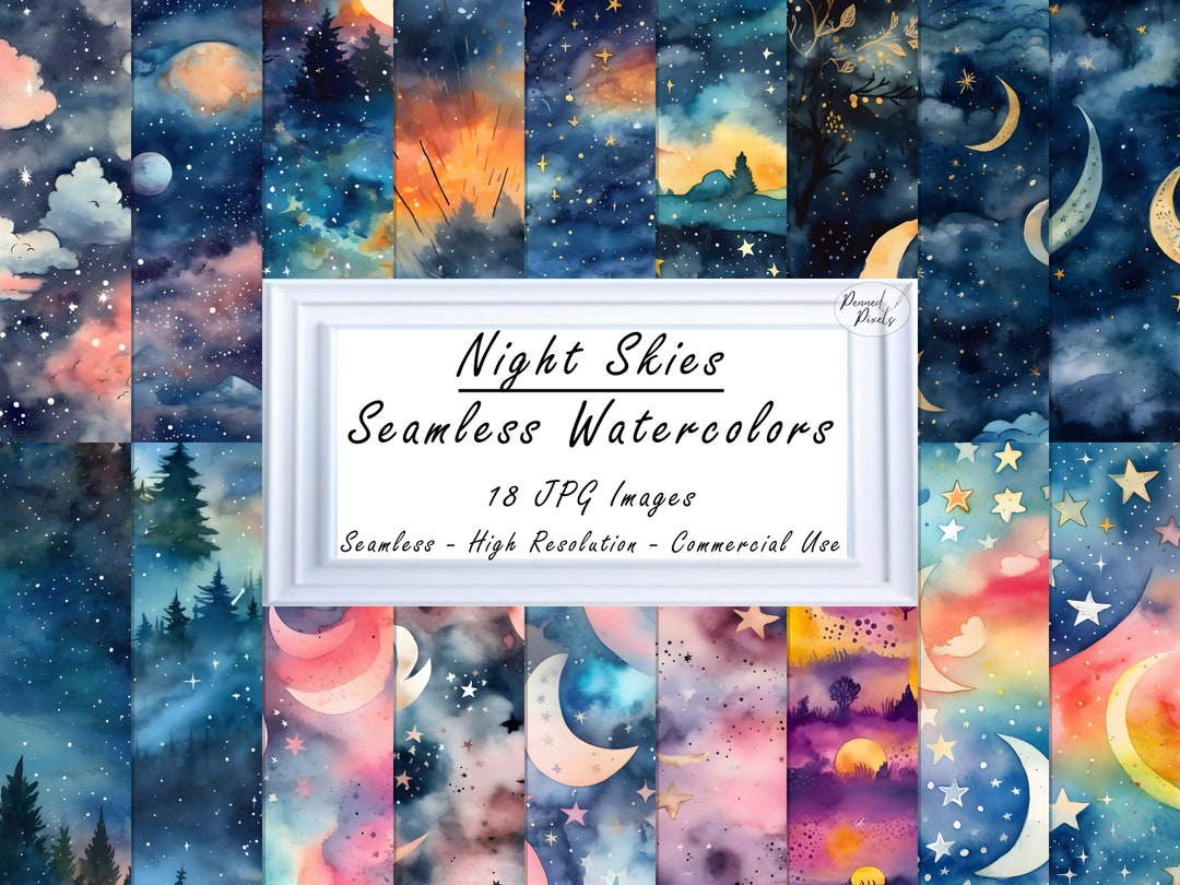 Watercolor Night Sky Seamless Patterns, Stars, Landscapes (digital ...