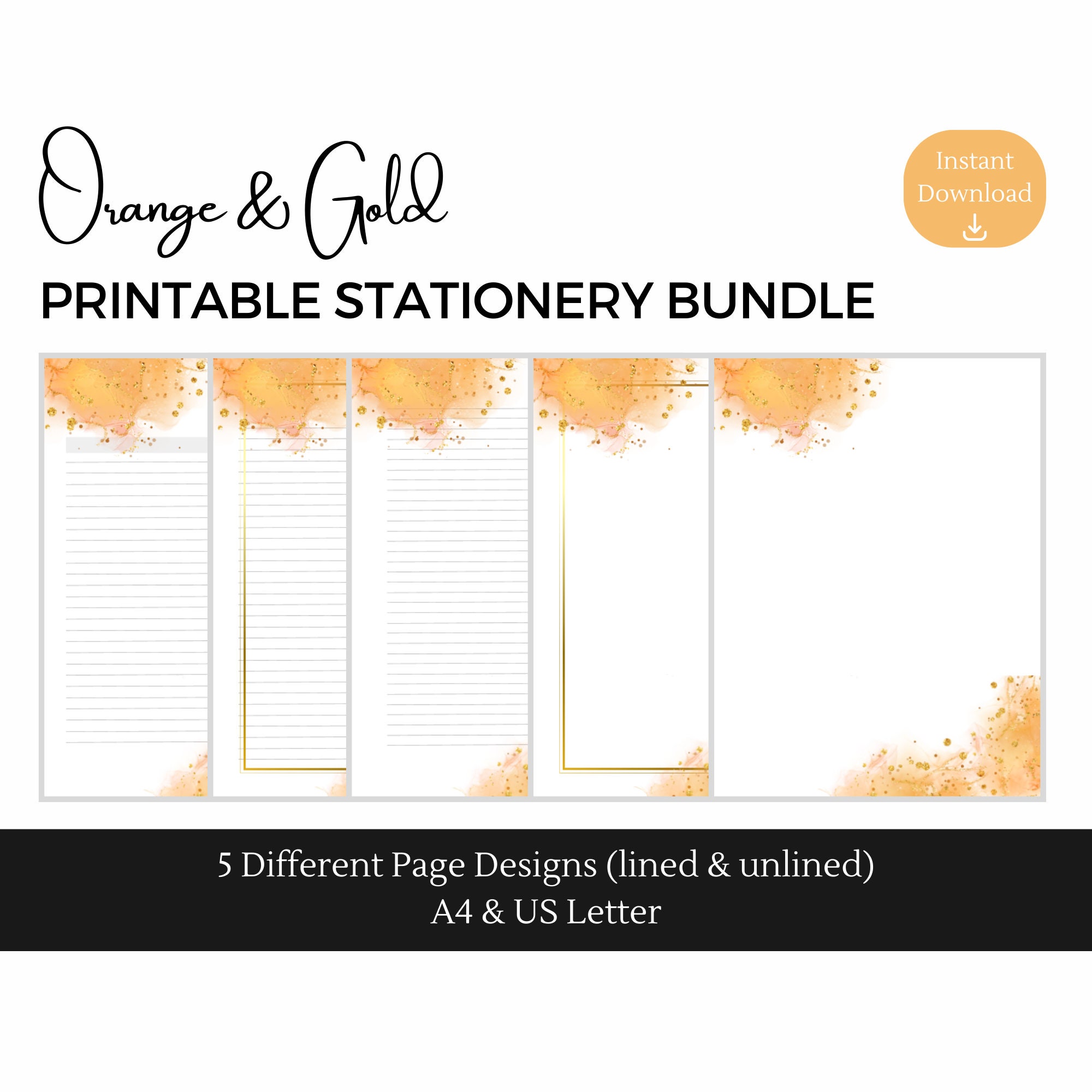 Printable Stationery Beautiful Orange & Gold Design 5 - Etsy