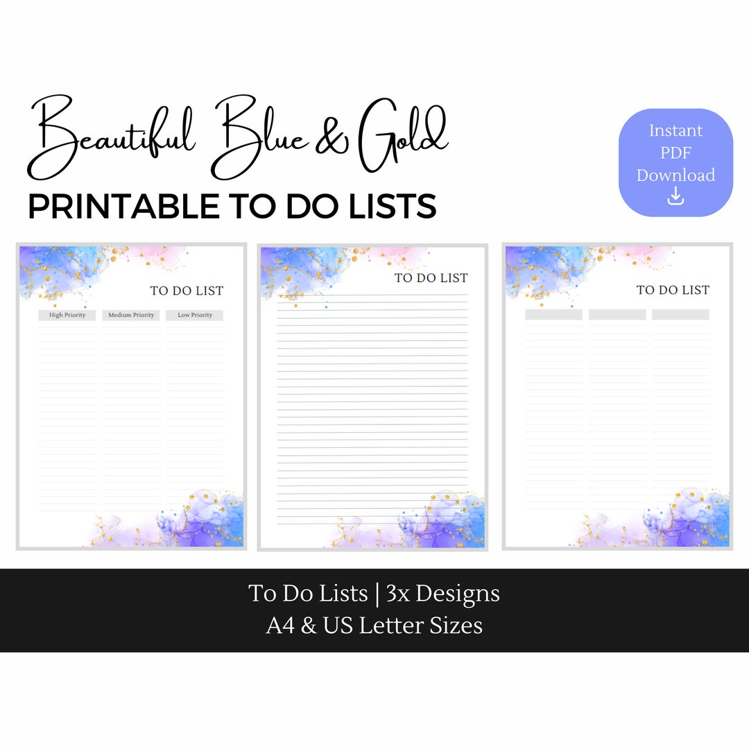 Printable to Do Lists Beautiful Blue & Gold Design 3 - Etsy Australia