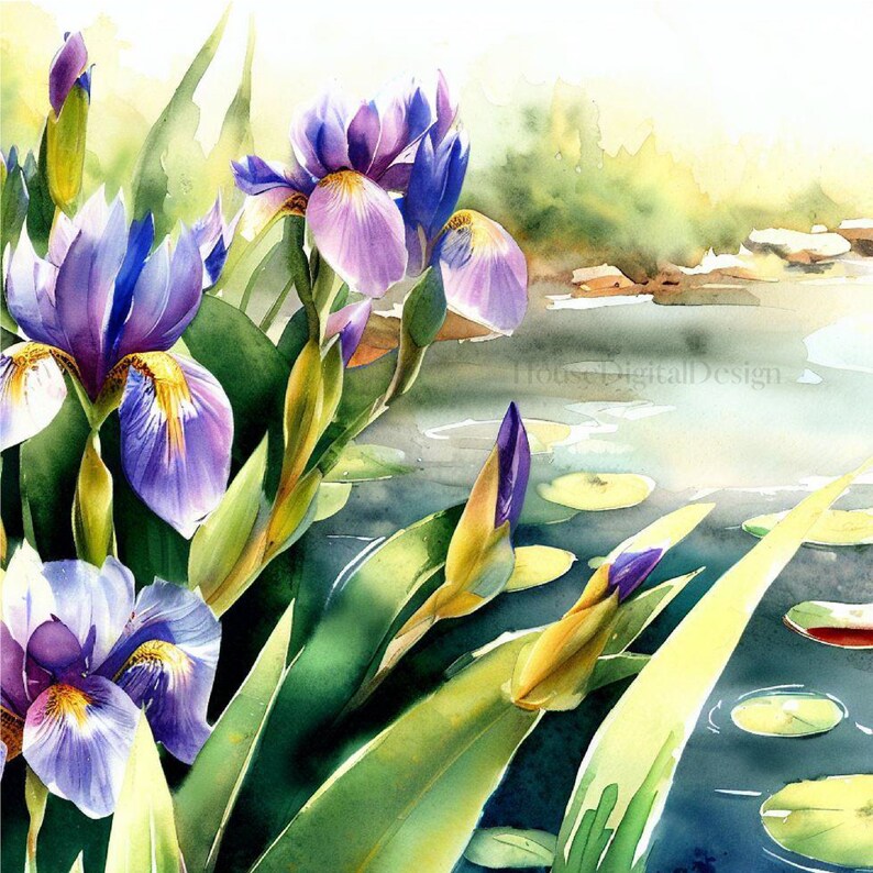 Watercolor Iris Blooms, Iris Watercolor Digital Art, Watercolor Irises ...