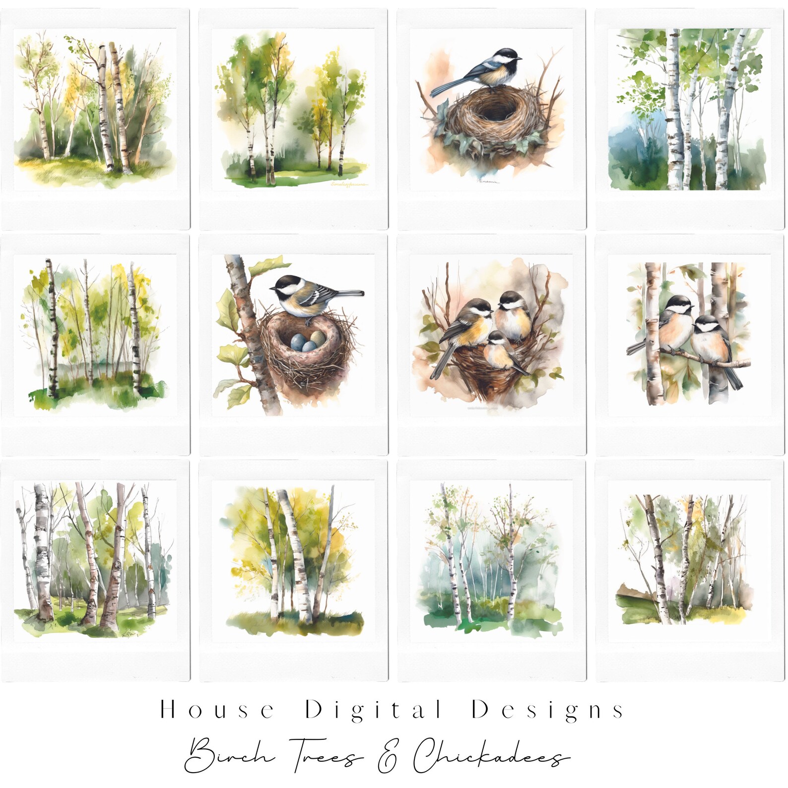 Chickadee, Birch Trees Watercolor Portraits Illustration, Black-capped ...