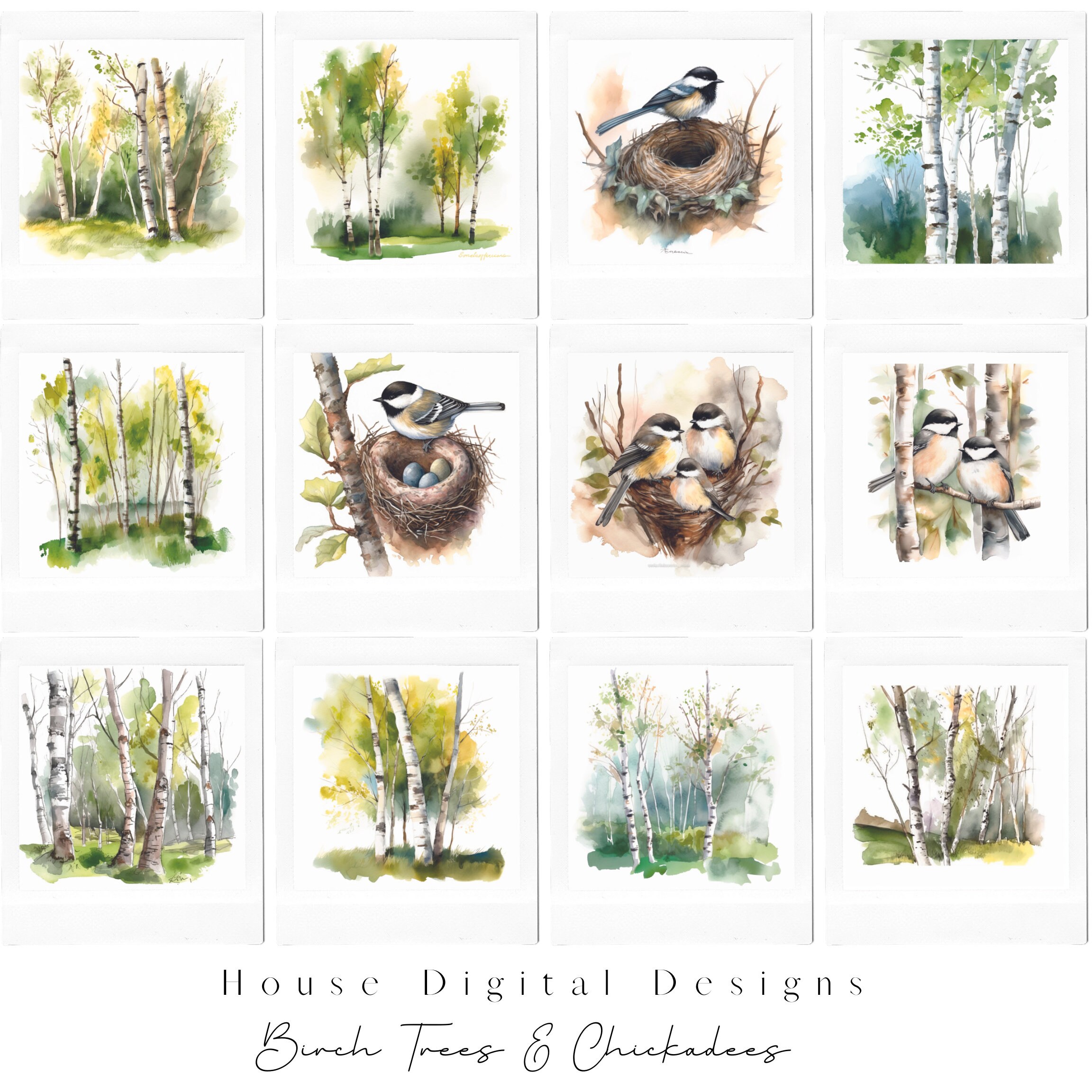 Chickadee, Birch Trees Watercolor Portraits Illustration, Black-capped ...