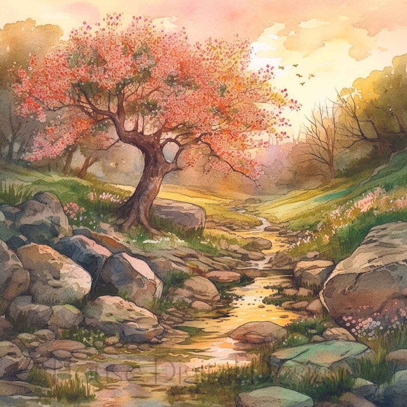 Blossom Cherry Tree Artwork, Printable Cherry Tree Art Work, JPG Files ...