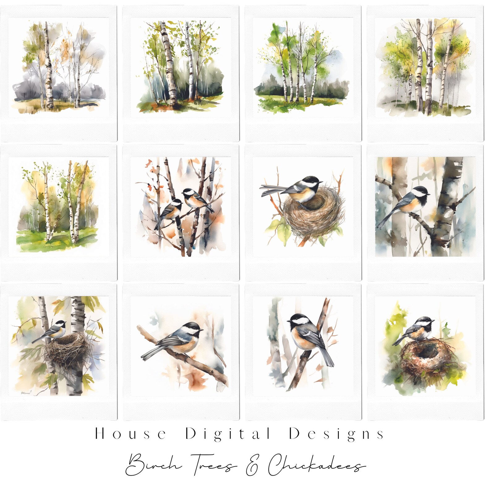 Chickadee, Birch Trees Watercolor Portraits Illustration, Black-capped ...