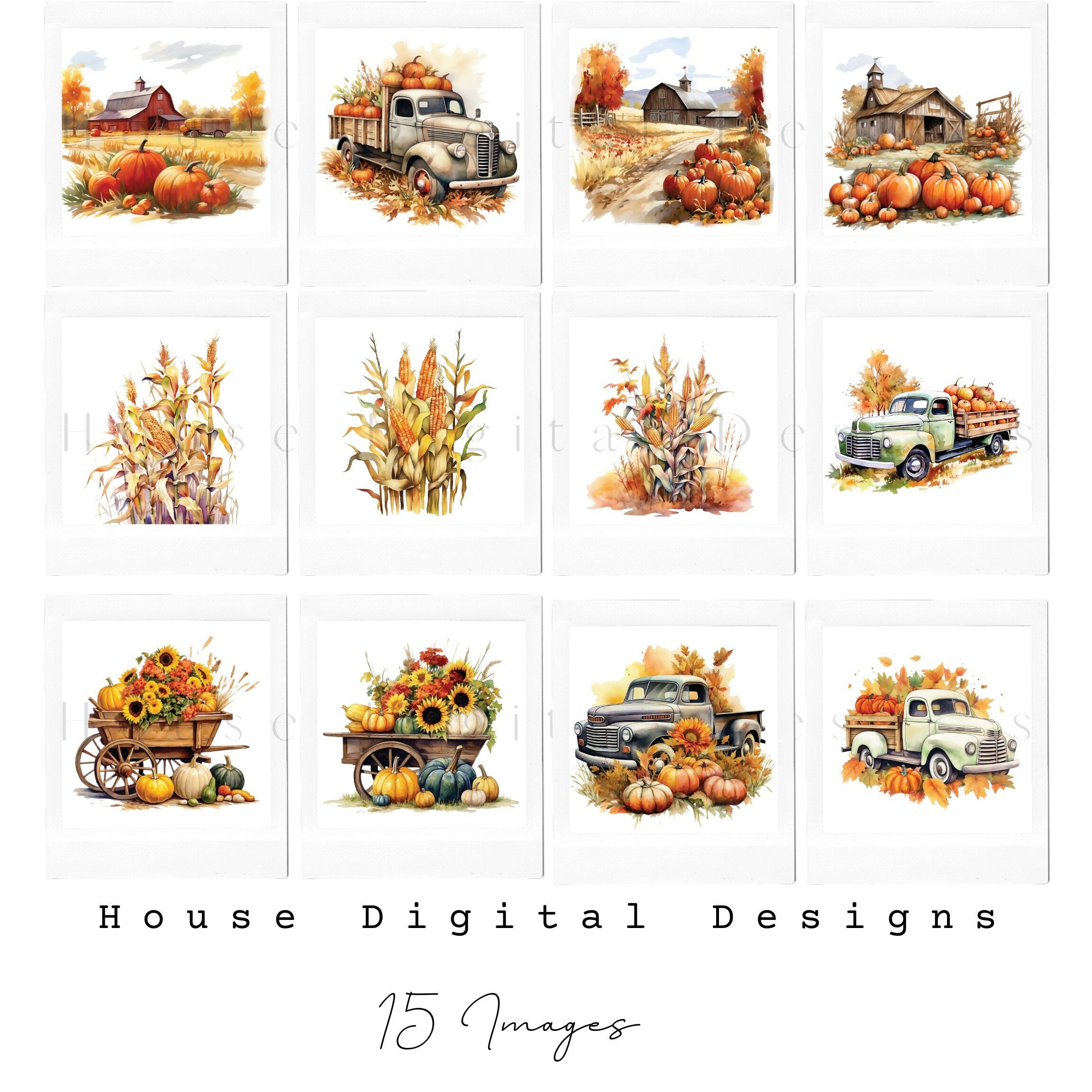 15 Fall Farm Pumpkin Watercolor PNG, Clipart Farm Trucks, Vintage ...