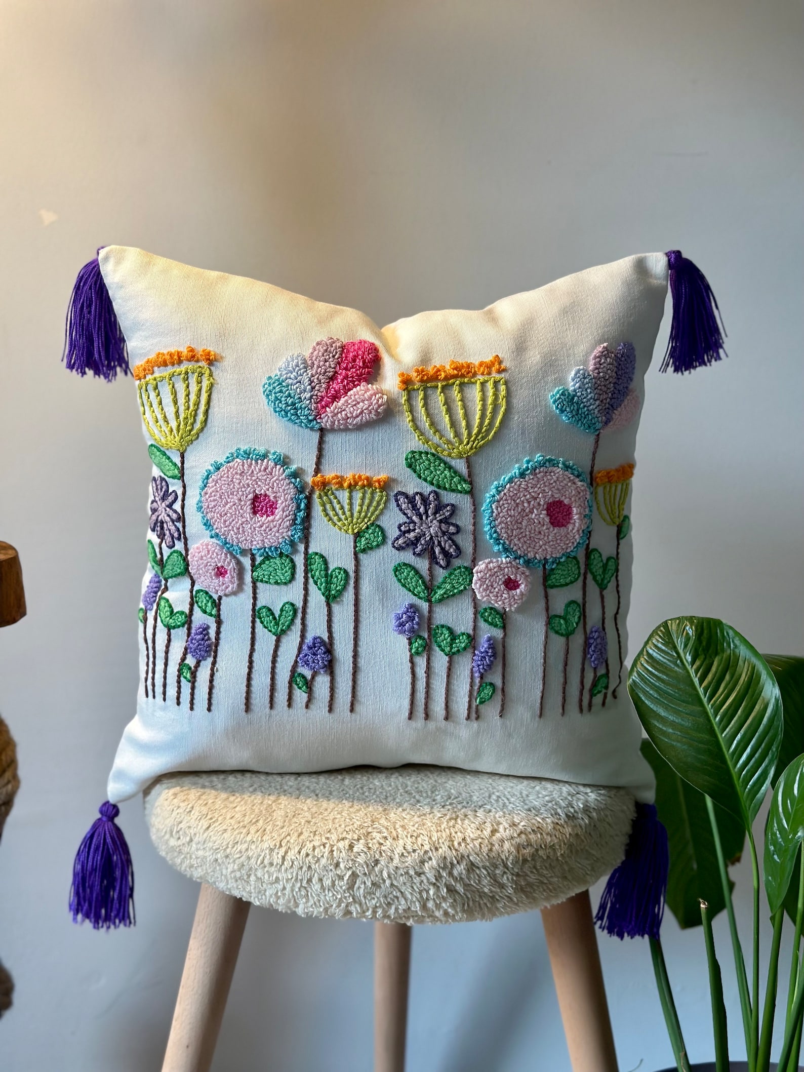 Floral Embroidered Throw Pillow Cover, Decorative Hand Tufted Pillow ...