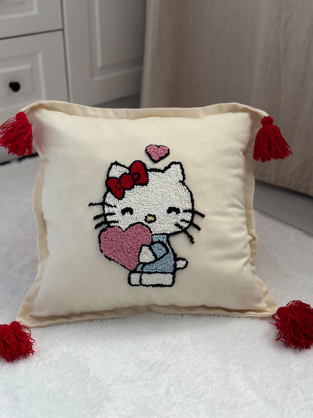 Hello Kitty Pillow Cover, Tufted Throw Pillow, Nursery Gift, Girls Room ...