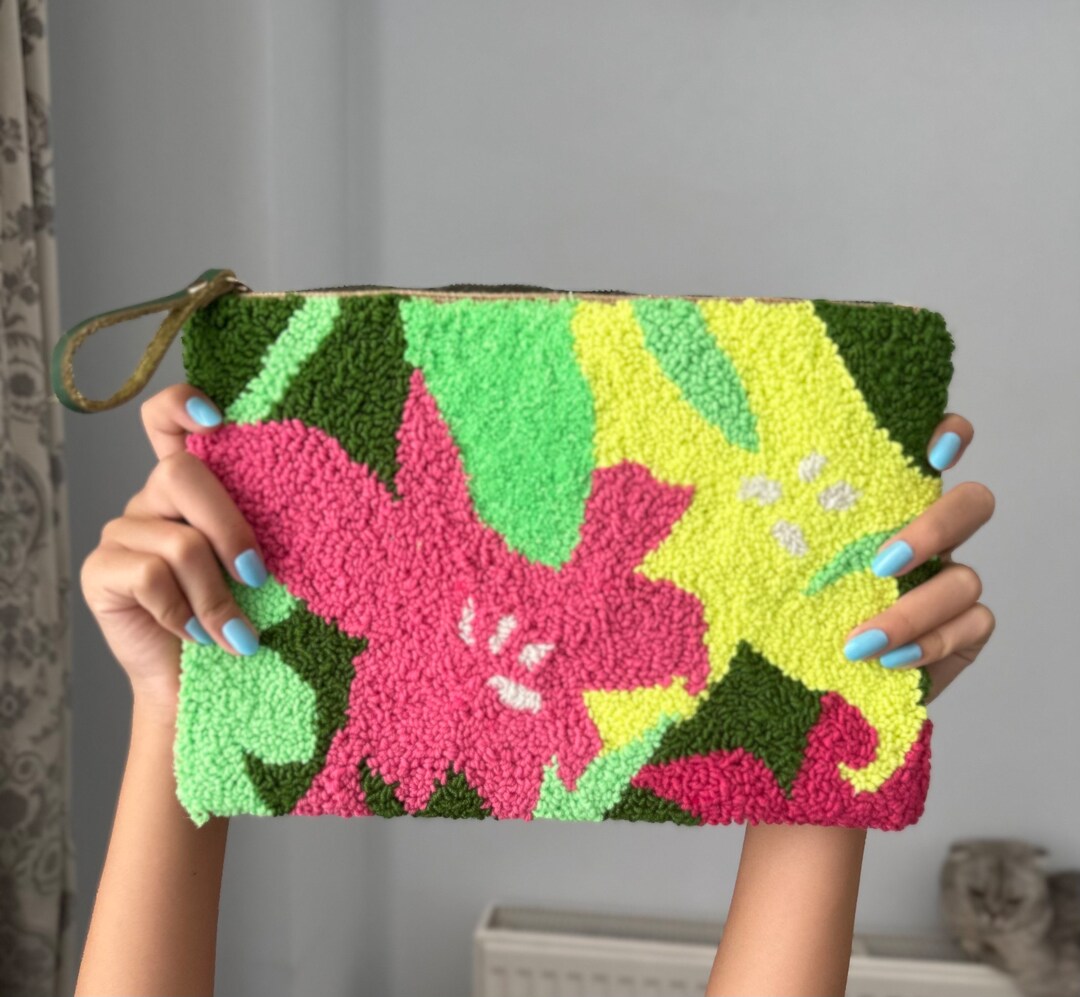 Tufted Clutch Bag, Neon Colors Embroidered Jute Hand Bag, Gift for Her ...
