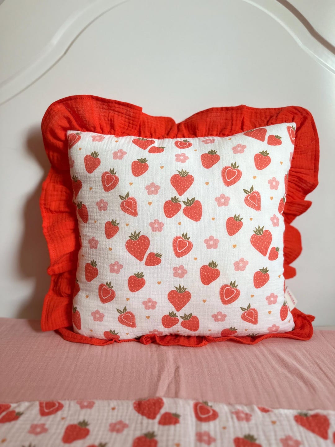 Frilly Strawberry Muslin Pillow Cover, Farmhouse Bedding Decor Accent ...