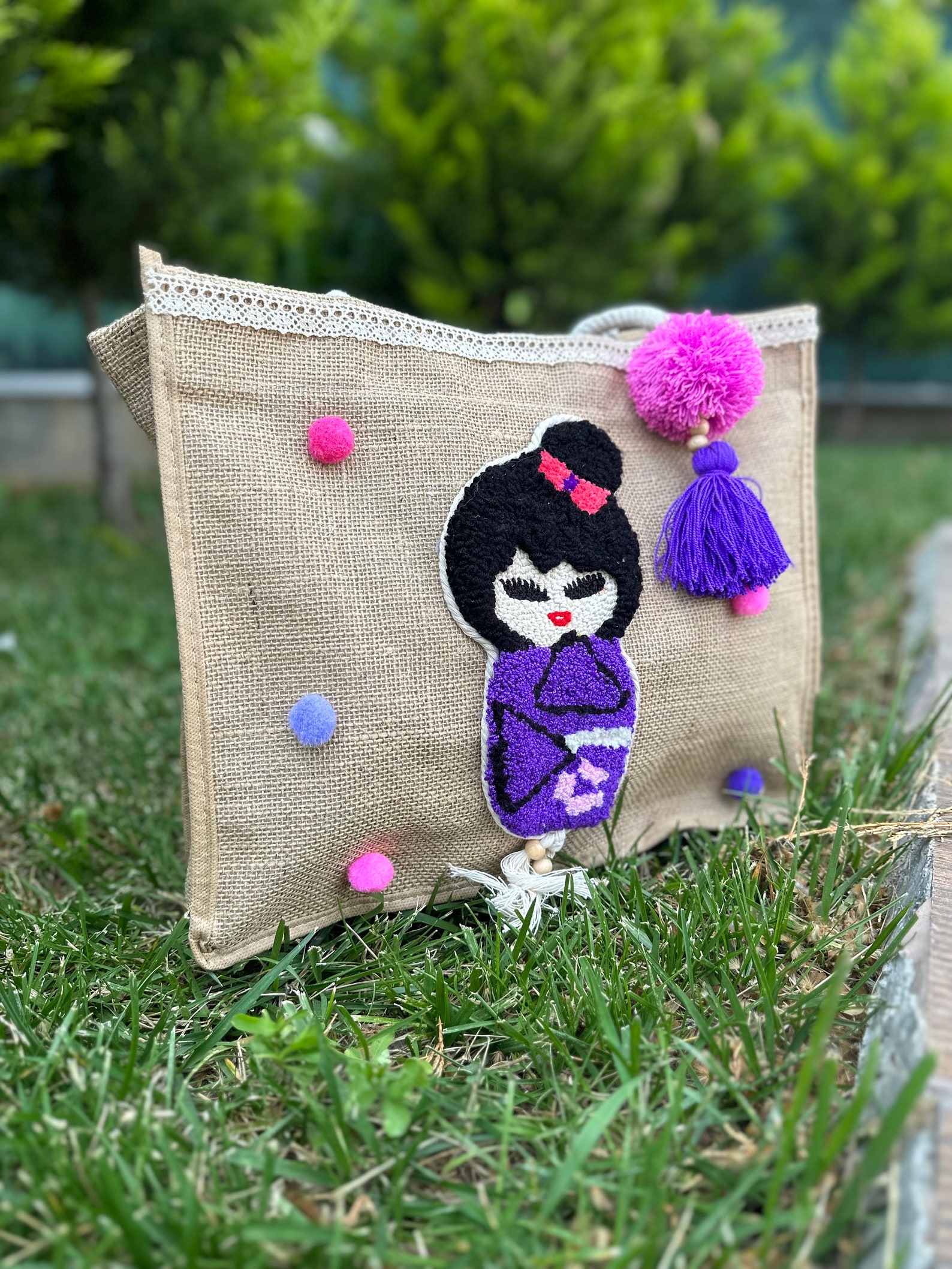 Tufted Beach Bag Jute Tote Embroidered Shoulder Bag - Etsy