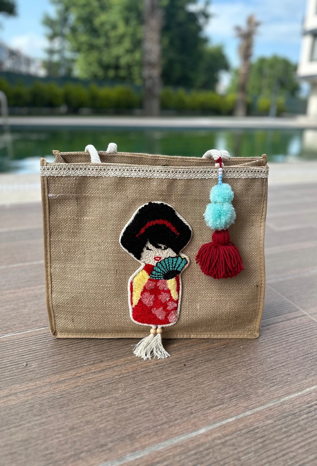 Tufted Beach Bag, Jute Tote, Embroidered Shoulder Bag, Bridesmaid Gift ...