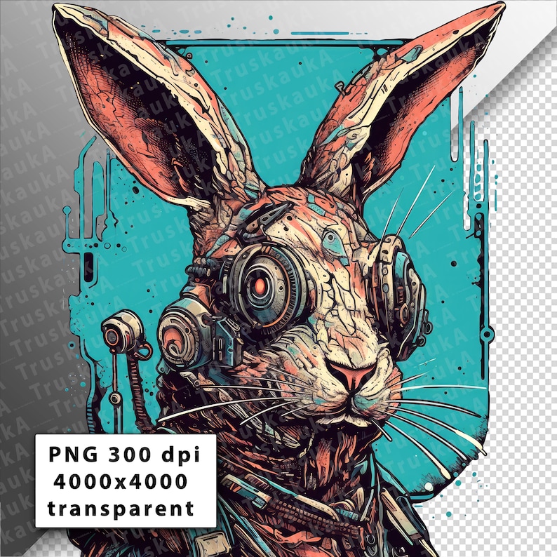 Stylized Cyberpunk Rabbit, PNG Image Without Background for Creating Stickers and Printing on ...