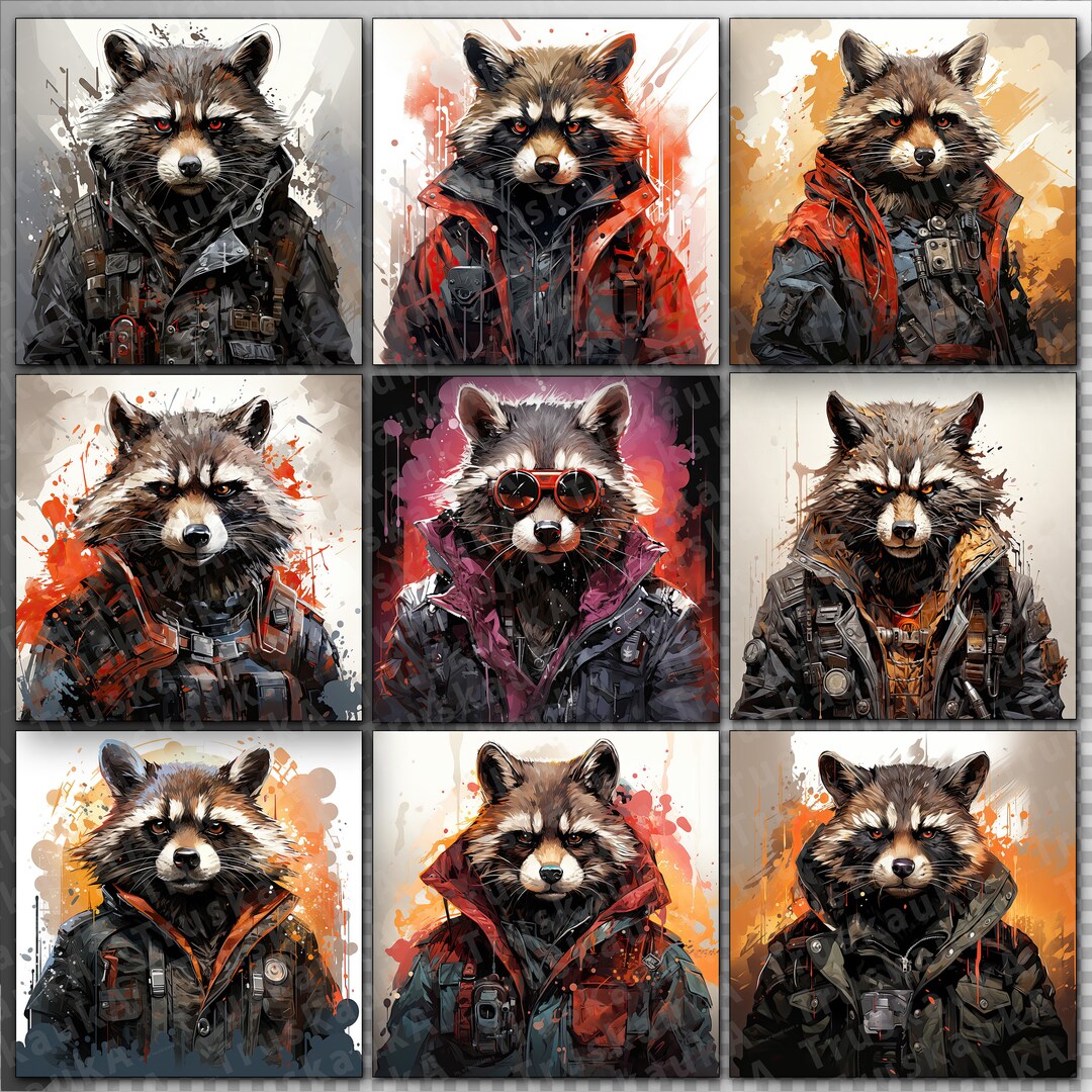 Rocket, Cyberpunk Angry Raccoon, Galactic Guards, 9 Jpg Illustrations ...