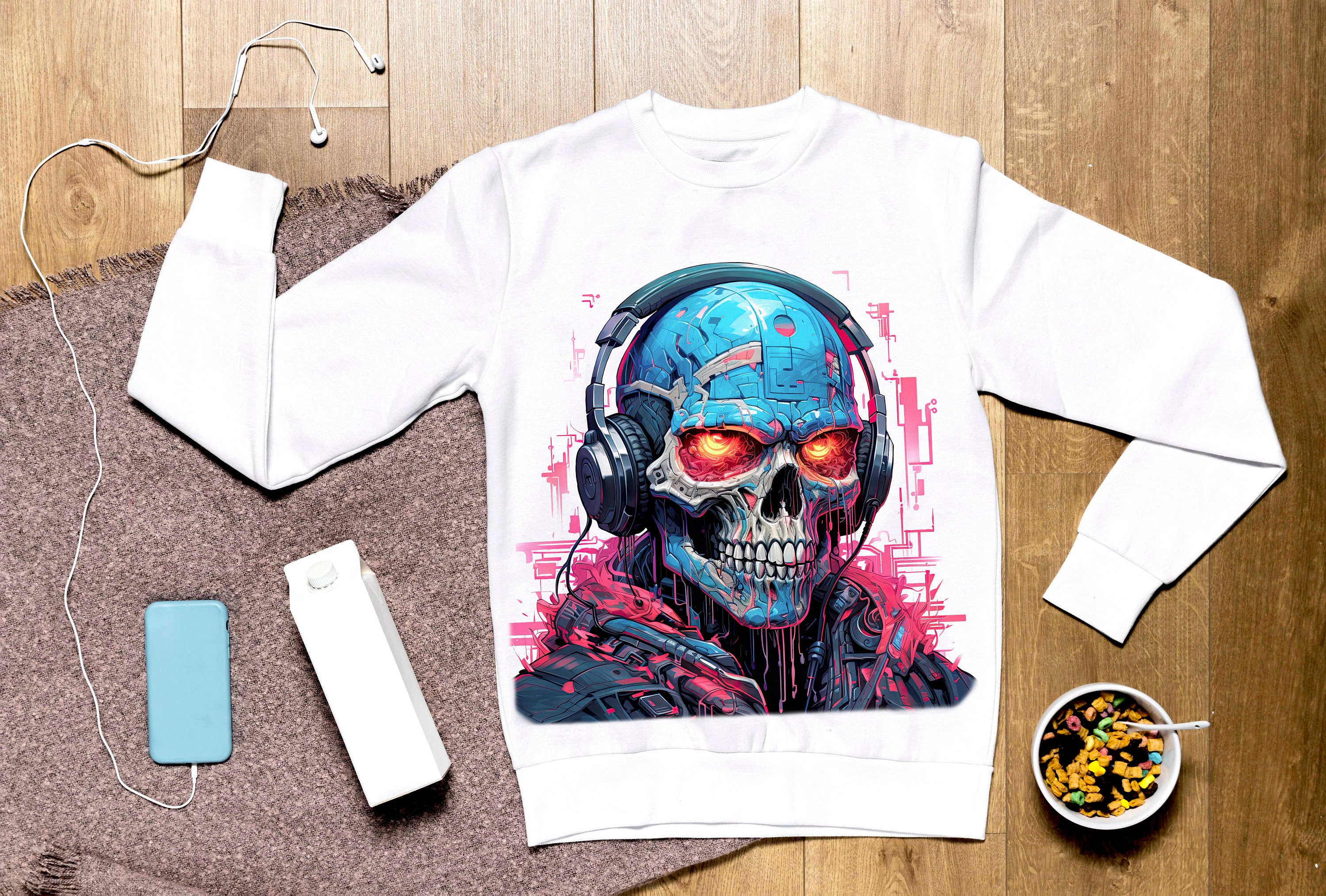 Neon Cyber Skull With Headphones PNG in High Quality for Printing and ...