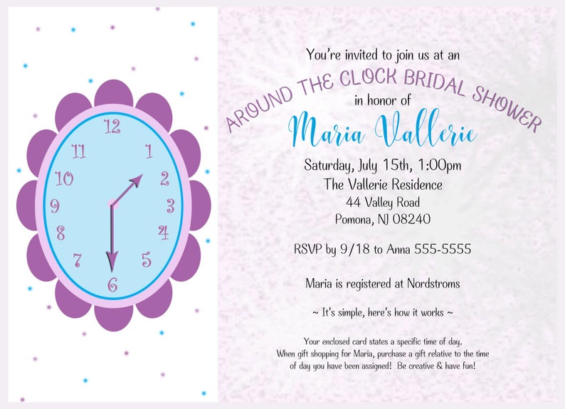 Bridal Shower Around the Clock Purple Whimsical Invitations With Insert ...