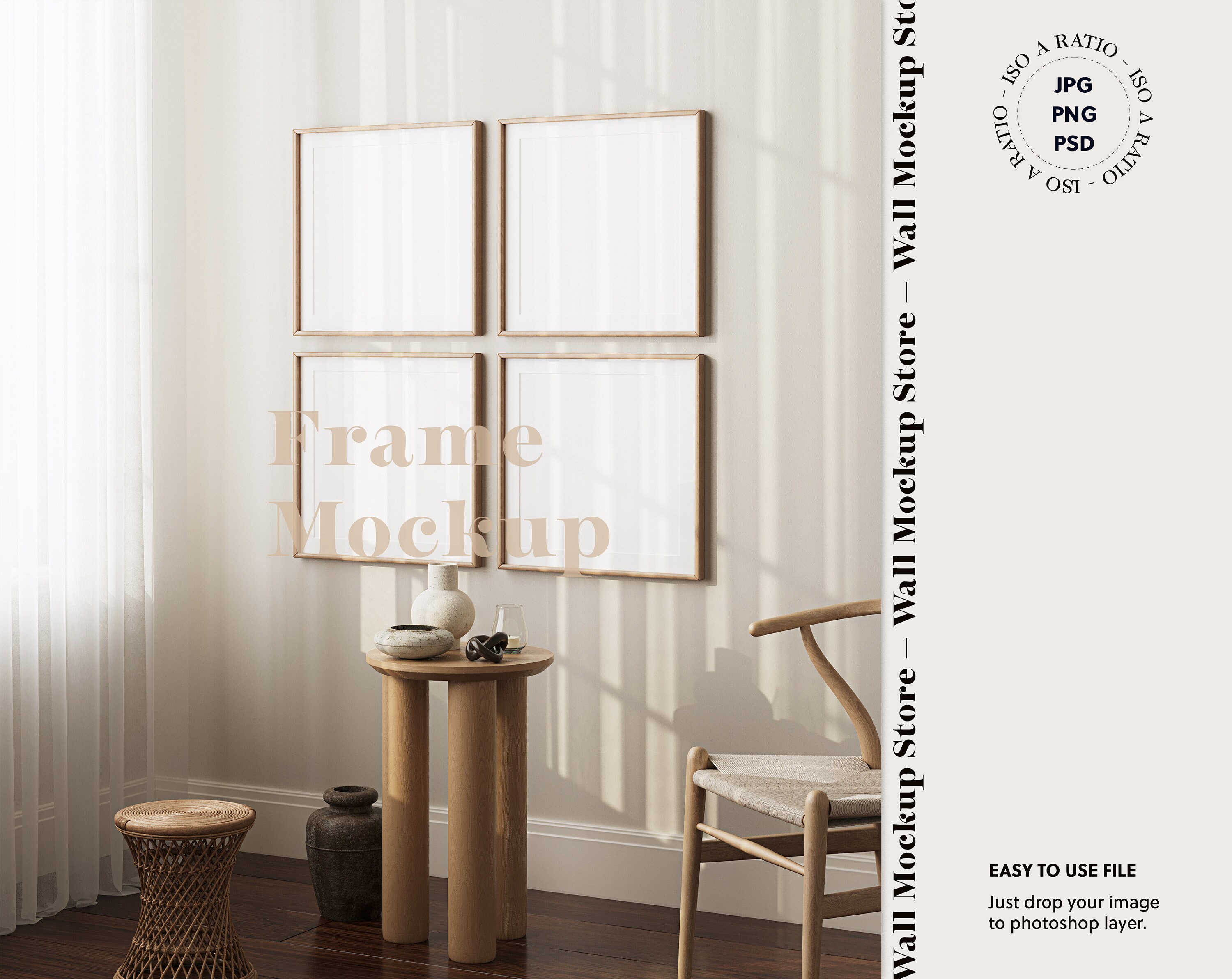 Gallery Wall Mockup Frame in Home Interior, 4 Square Frame Mock up Boho ...