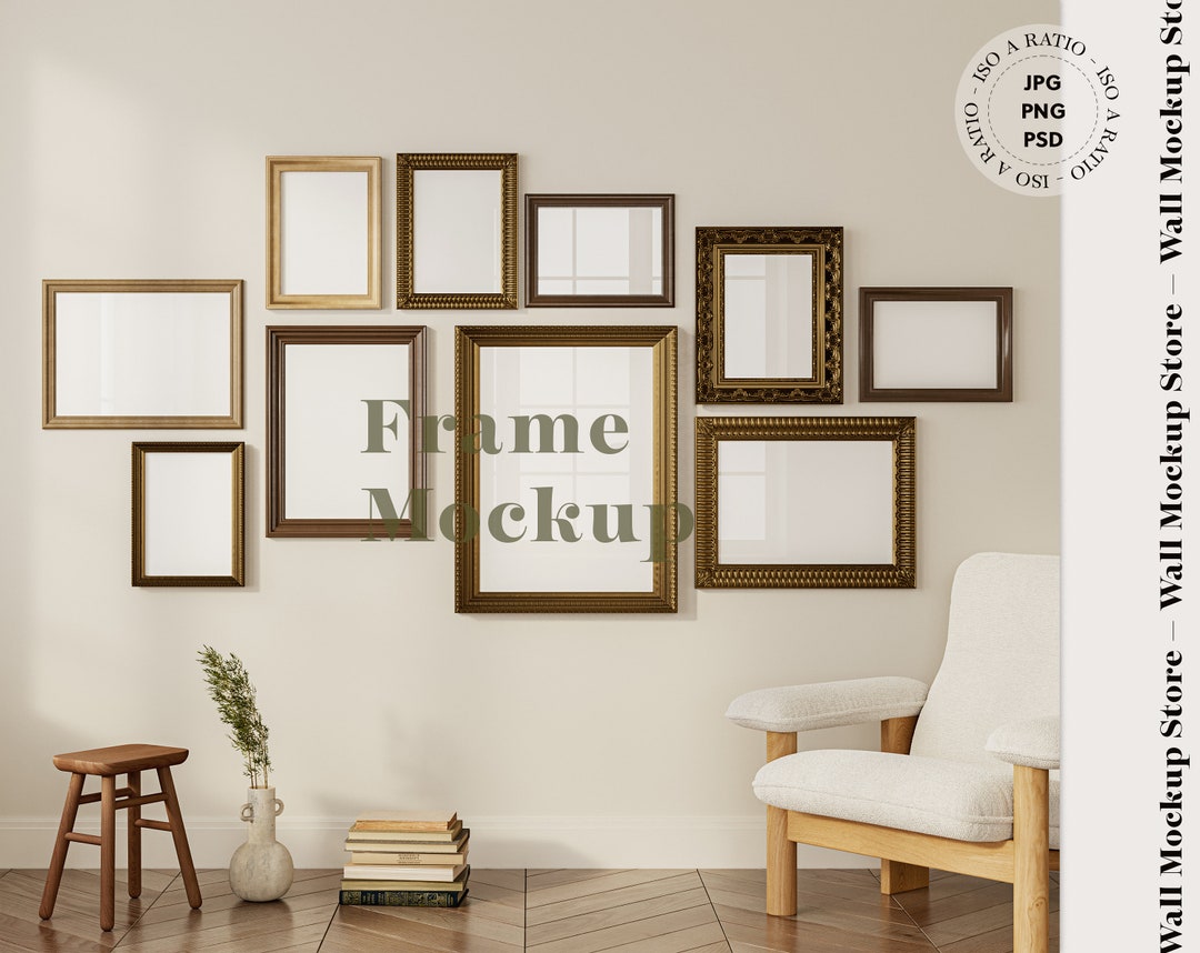 Gallery Wall Frame Mockup in Home Interior, Mix Frame Mockup Rustic Set ...