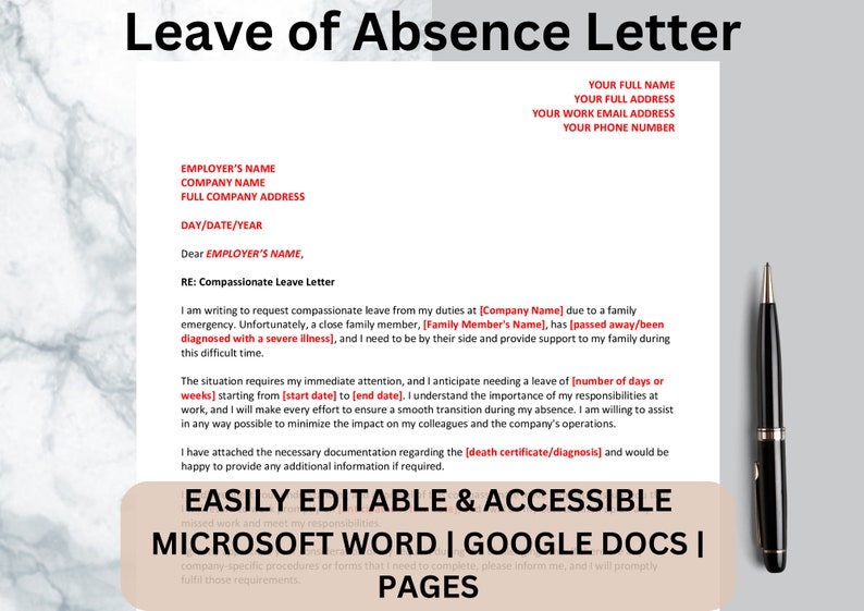 Leave of Absence Letter Template for Compassionate Leave Letter Absence ...