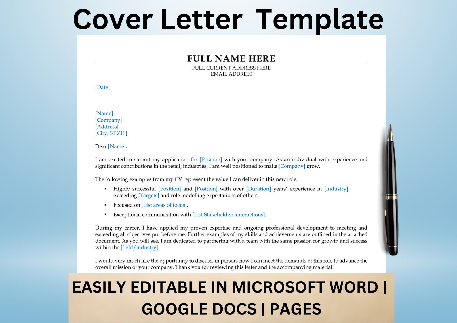 Printable Cover Letter Template for Professional Role Template Cover ...