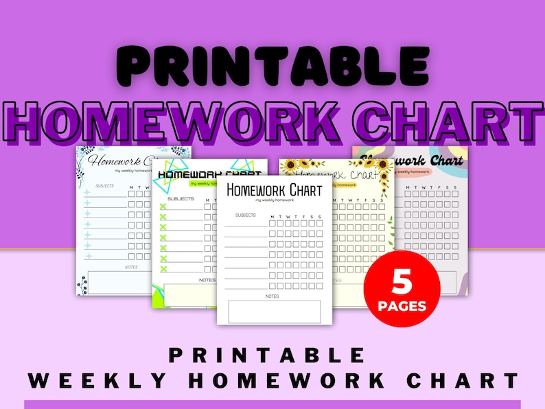Printable Homework Chart for Kids Instant Download Weekly Checklist ...