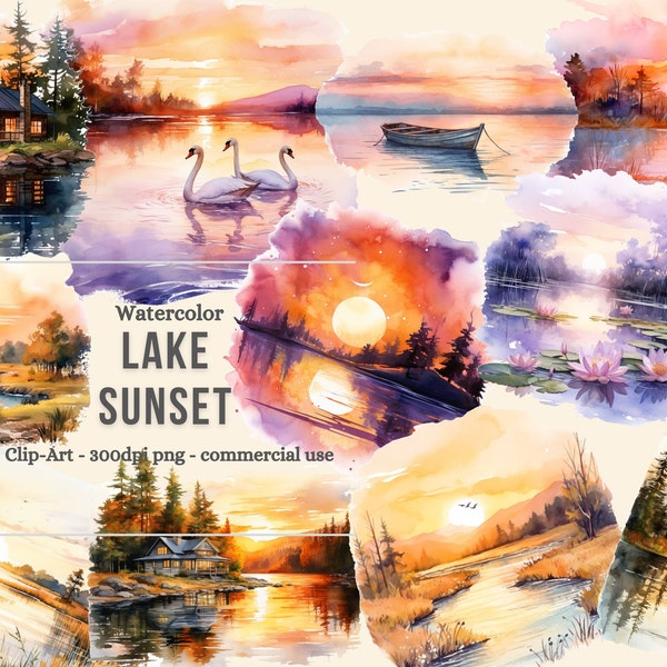 Watercolor Lake Sunset Clipart - Etsy